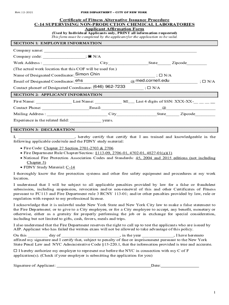 Fillable Online Laboratory Permits and FDNY Certificate of Fitness (C ...