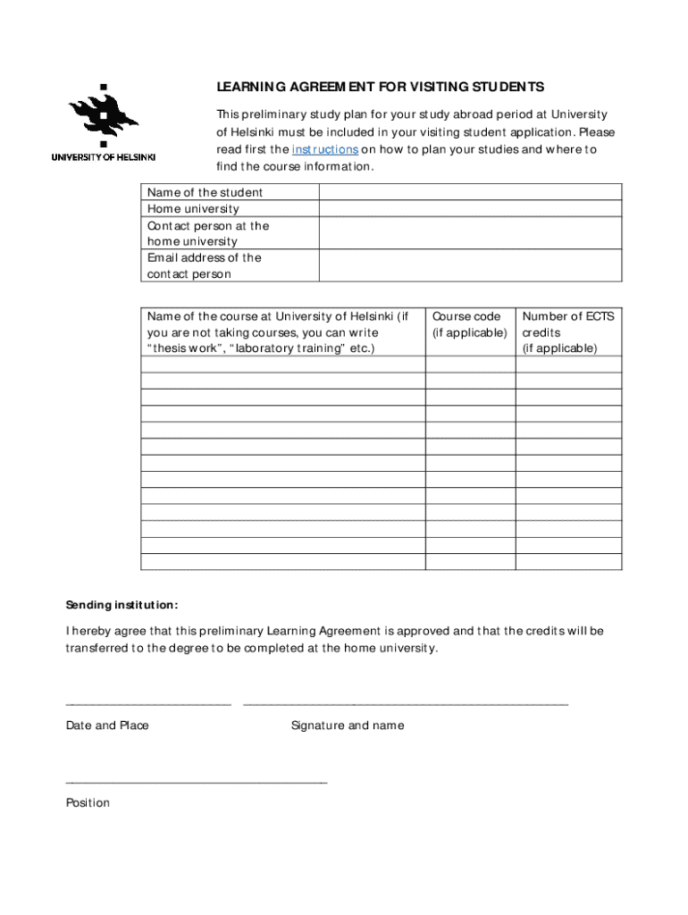 Fillable Online LEARNING AGREEMENT FOR VISITING STUDENTS Fax Email Print - pdfFiller