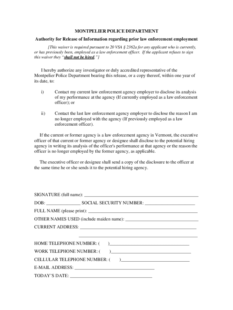 Fillable Online MONTPELIER POLICE DEPARTMENT Rules and ... Fax Email ...