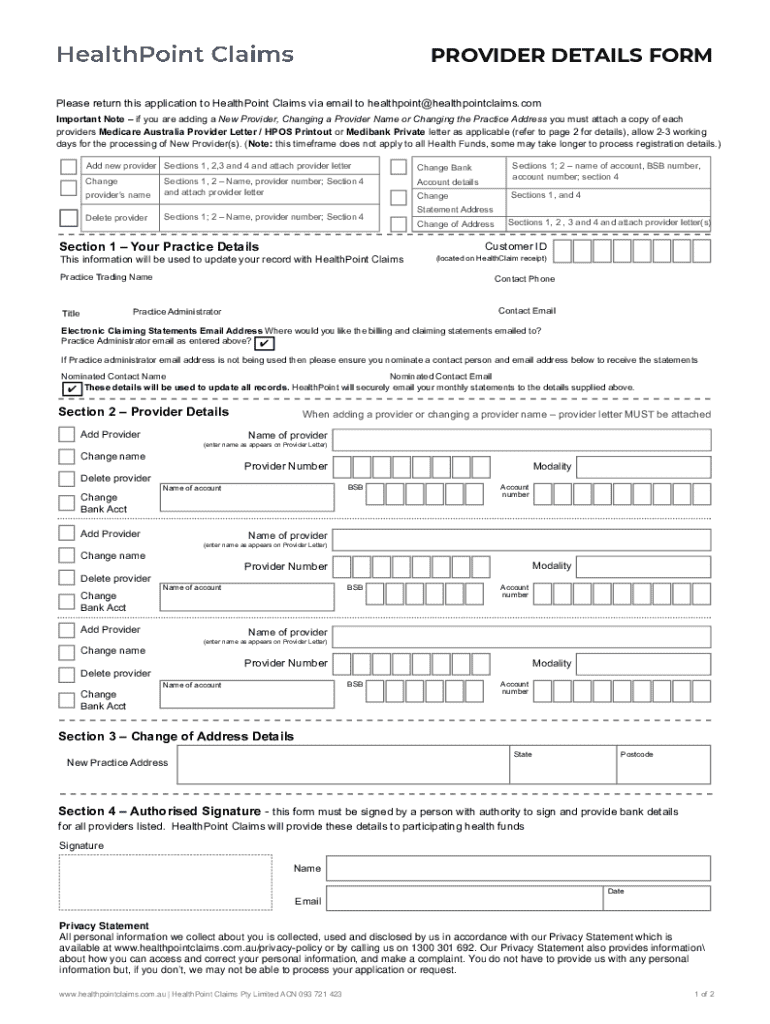 Fillable Online PROVIDER DETAILS FORM - HealthPoint Claims Fax Email Print - pdfFiller