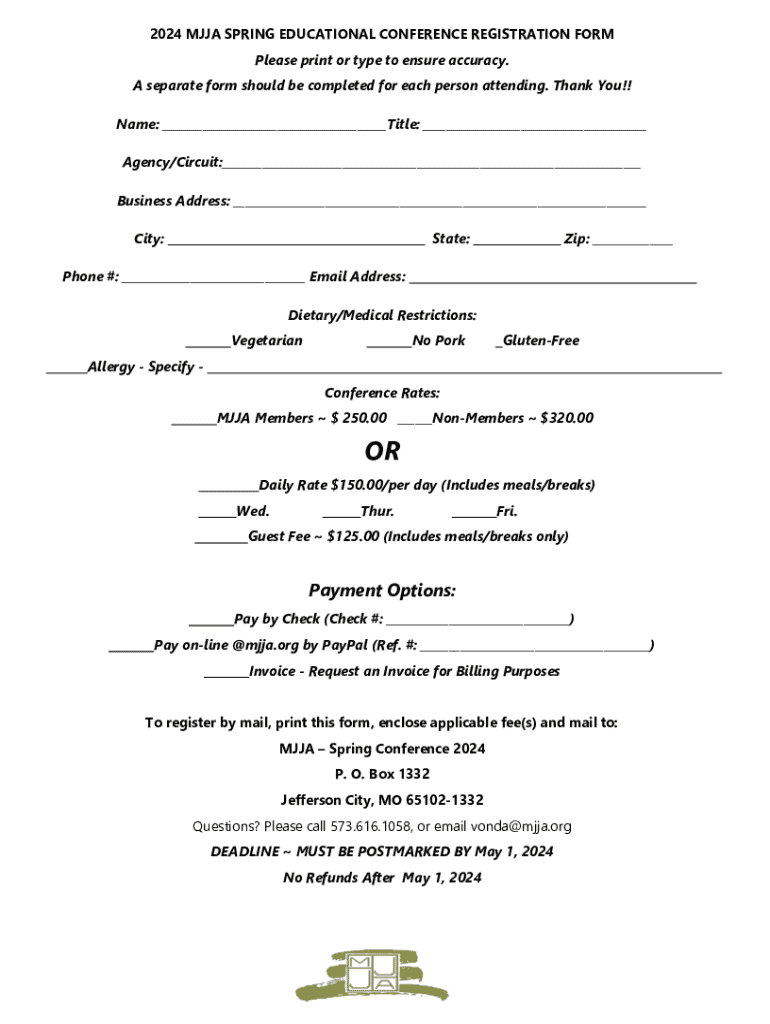 Fillable Online 2024 MJJA SPRING CONFERENCE REGISTRATION FORM Fax Email ...