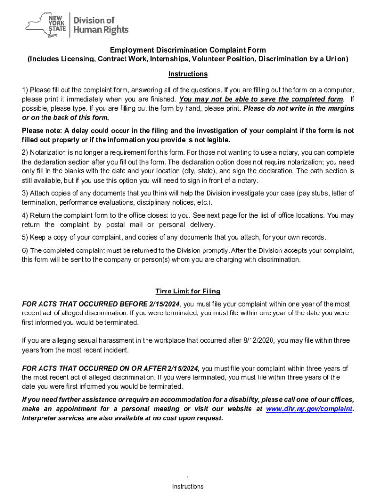 Fillable Online dhr ny Employment Discrimination/Harassment Complaint ...