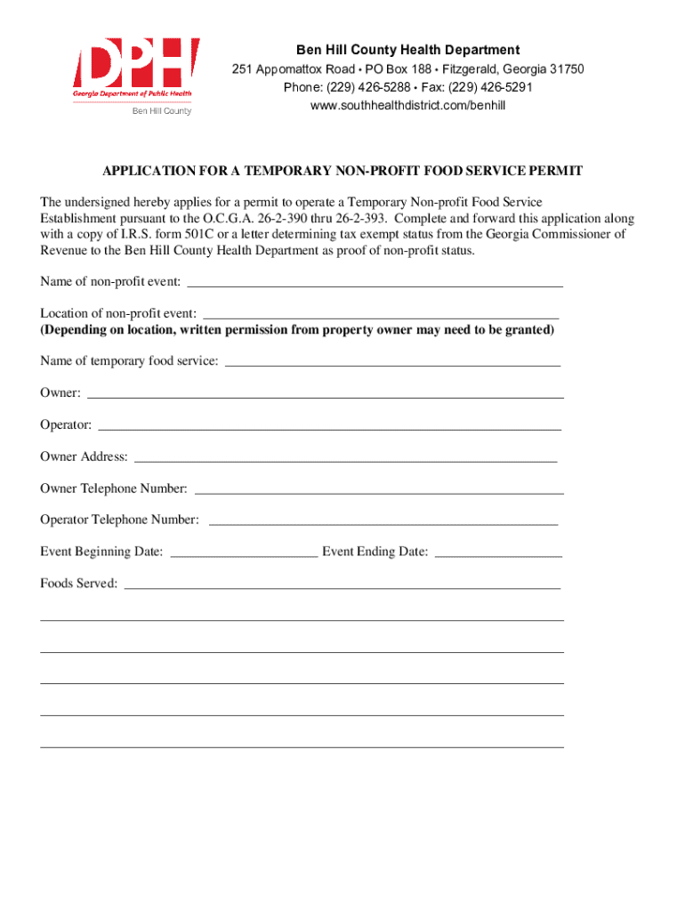 Fillable Online BH App for Nonprofit Food Service Permit Fax Email Print - pdfFiller