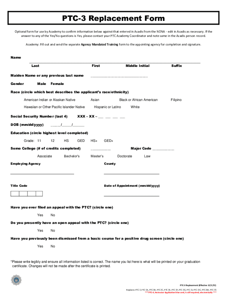 Fillable Online PTC-3 Replacement Form Fax Email Print - pdfFiller
