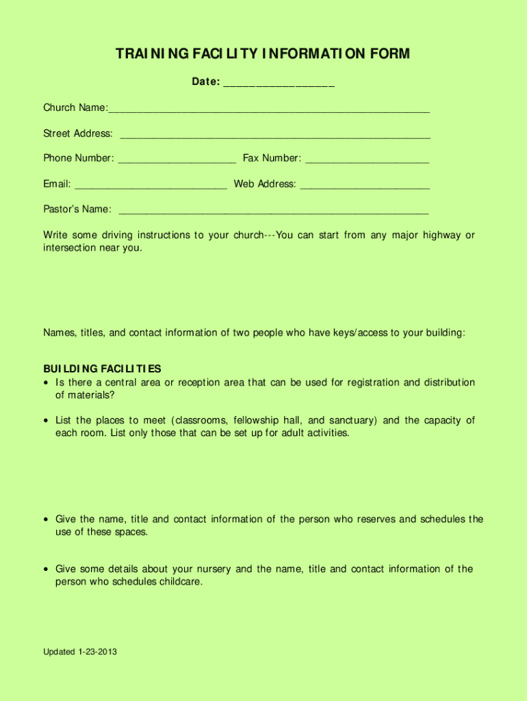 Fillable Online TRAINING FACILITY INFORMATION FORM Fax Email Print - pdfFiller