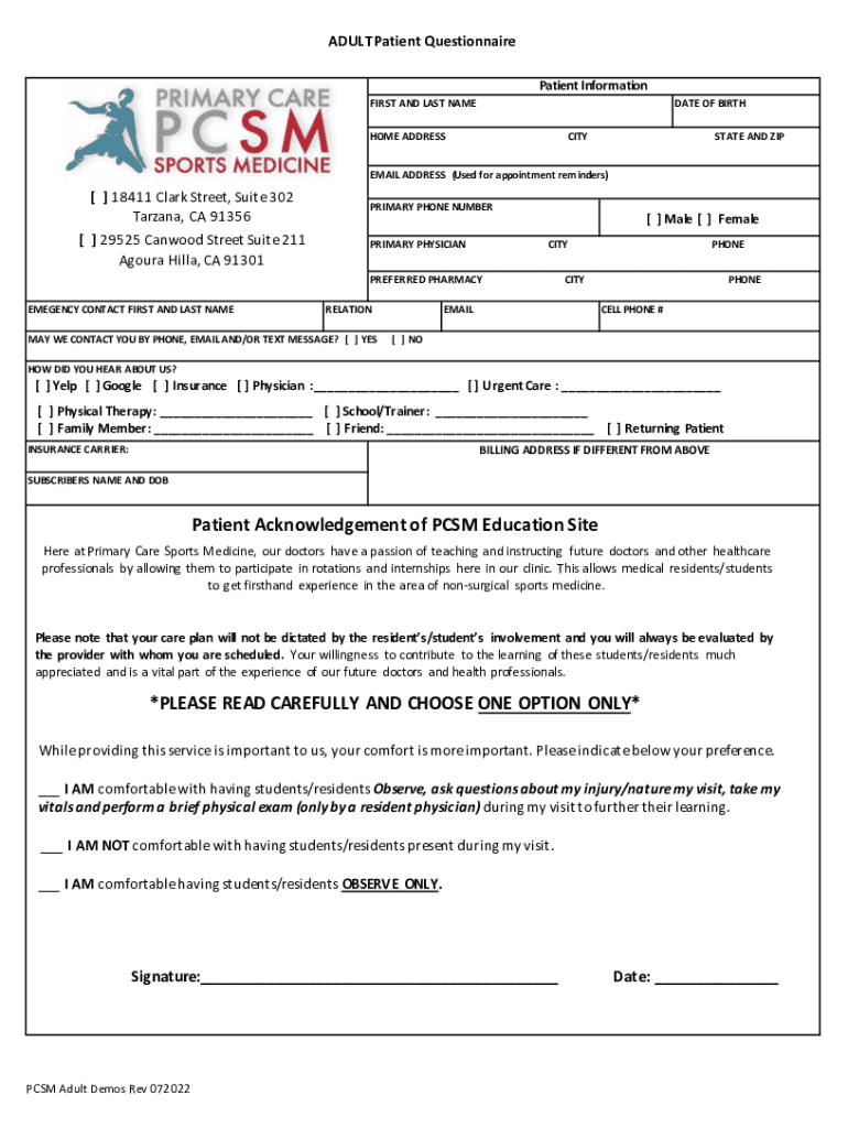 Fillable Online 18-25 Patient Acknowledgement of PCSM Education Site ...