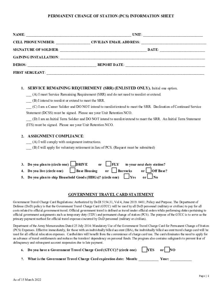 Fillable Online Permanent Change of Station (PCS) Information Sheet Fax ...