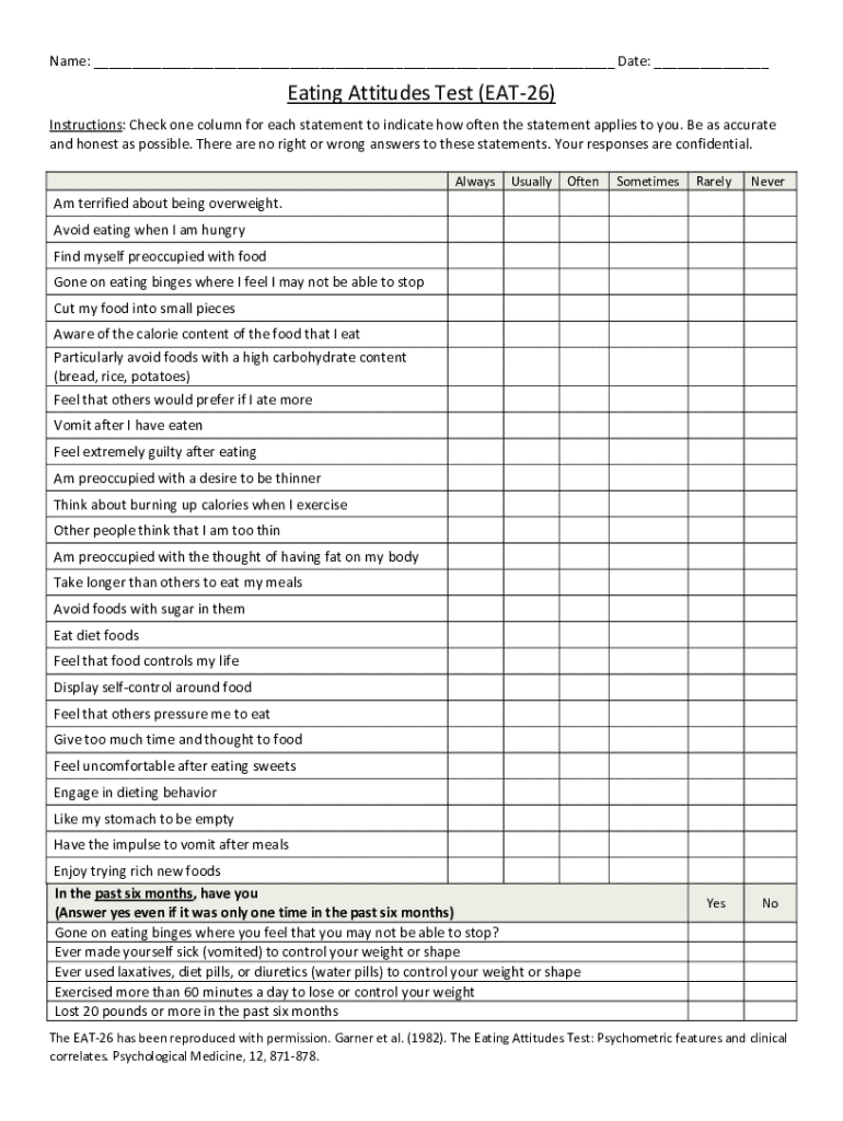 Fillable Online Eating Attitudes Test (EAT-26) Check a response for ...