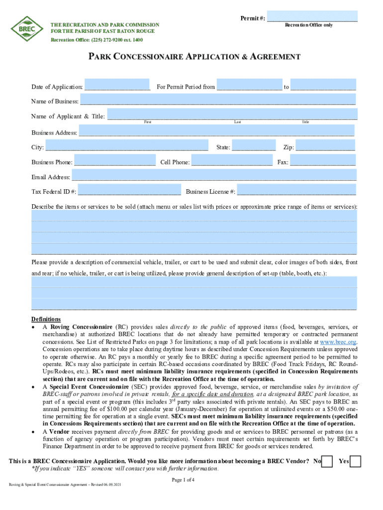 Fillable Online PARK CONCESSIONAIRE APPLICATION & AGREEMENT Fax Email ...