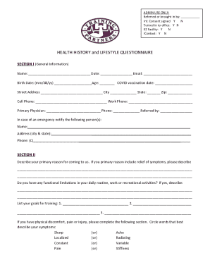 Fillable Online HEALTH HISTORY and LIFESTYLE QUESTIONNAIRE Fax Email ...