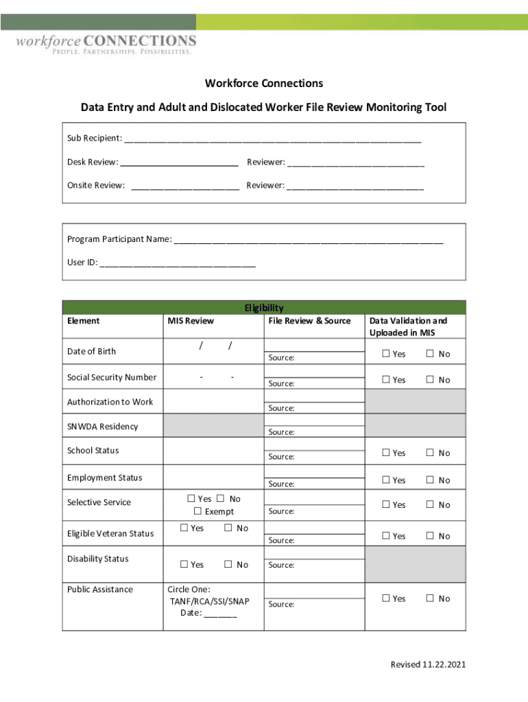 Fillable Online Adult and Dislocated Worker File Review Monitoring Tool Fax Email Print - pdfFiller