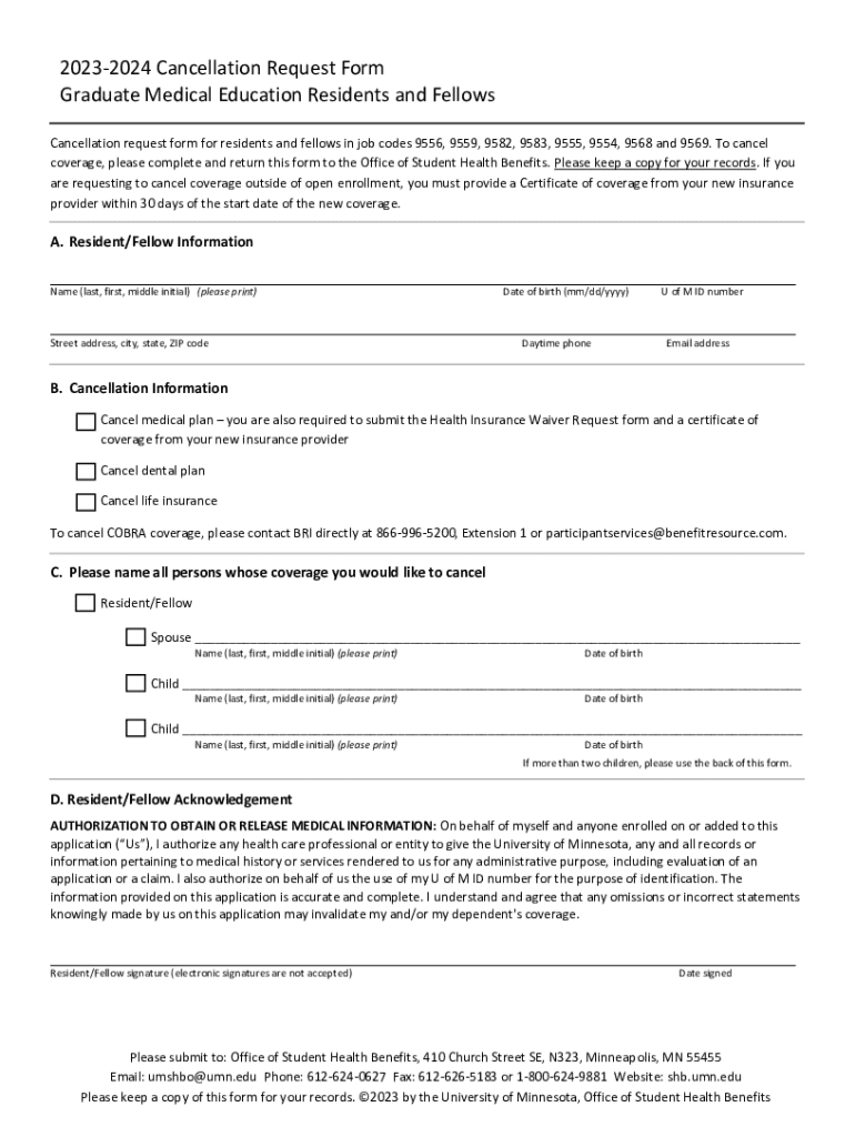 Fillable Online shb umn 2023-2024 Cancellation Request Form Graduate ...