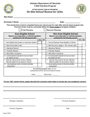 Fillable Online After School Snack Program Onsite Review Form. After ...