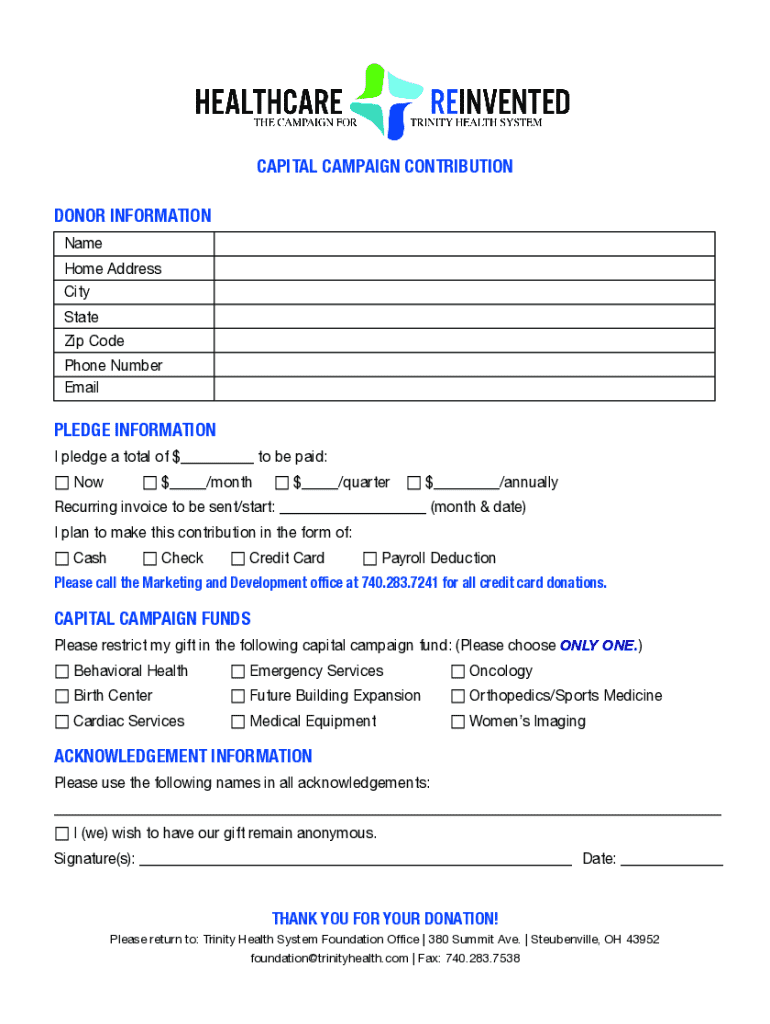 Fillable Online Belmont County Capital Campaign - Trinity Health ...