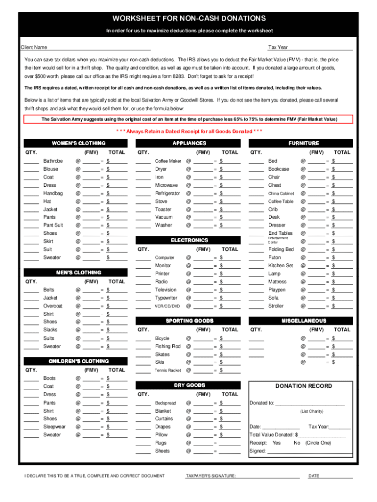 Fillable Online Worksheet for Non-Cash Donations.xls Fax Email Print ...
