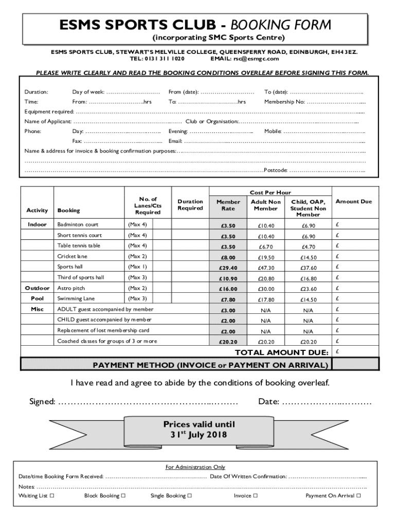 Fillable Online ESMS SPORTS CLUB - BOOKING FORM Fax Email Print - pdfFiller