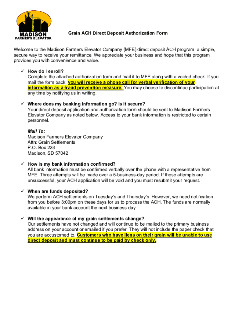 Fillable Online Grain ACH Direct Deposit Authorization Form Fax Email ...