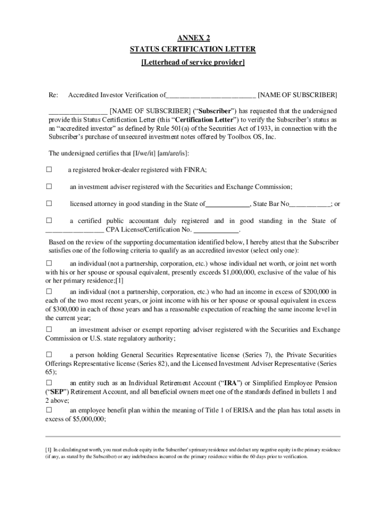Fillable Online Accredited Investor Status Certificate Fax Email Print ...