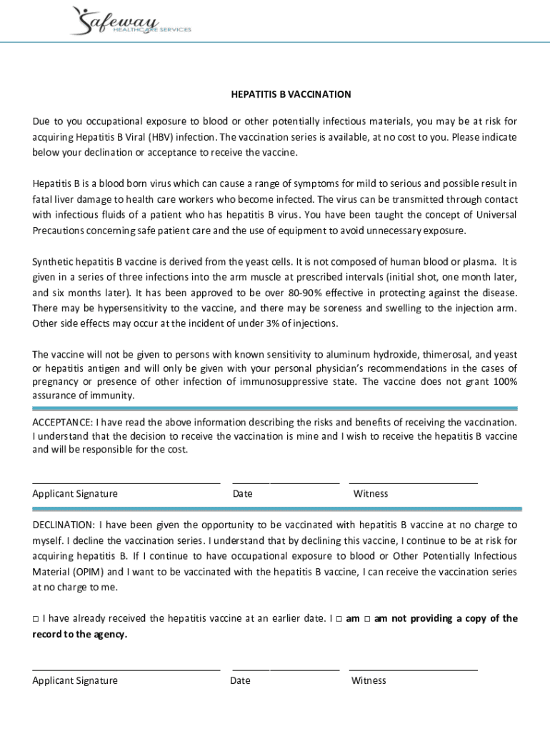 Fillable Online HEPATITIS B VACCINATION Due to you occupational ...