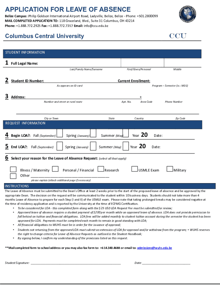 Fillable Online APPLICATION FOR LEAVE OF ABSENCE CCU Fax Email Print - pdfFiller