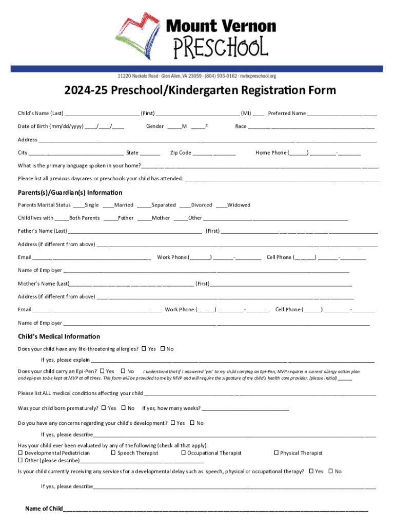 Fillable Online 2024-25 Preschool/Kindergarten Registration Form Fax ...