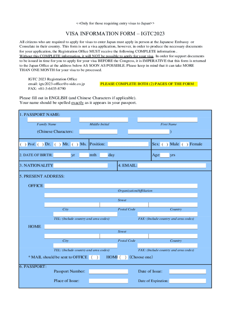 Fillable Online VISA INFORMATION FORM IGTC2023 Fax Email Print - pdfFiller