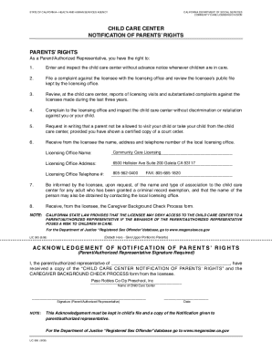 Fillable Online CHILD CARE CENTER NOTIFICATION OF PARENTS' ... Fax ...