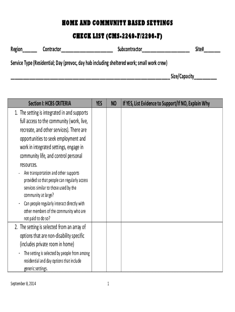 Fillable Online home and community based settings check list (cms-2249 ...