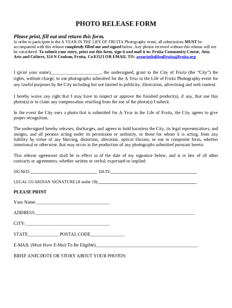 PHOTO RELEASE Please print, fill out and return this . Doc Template ...