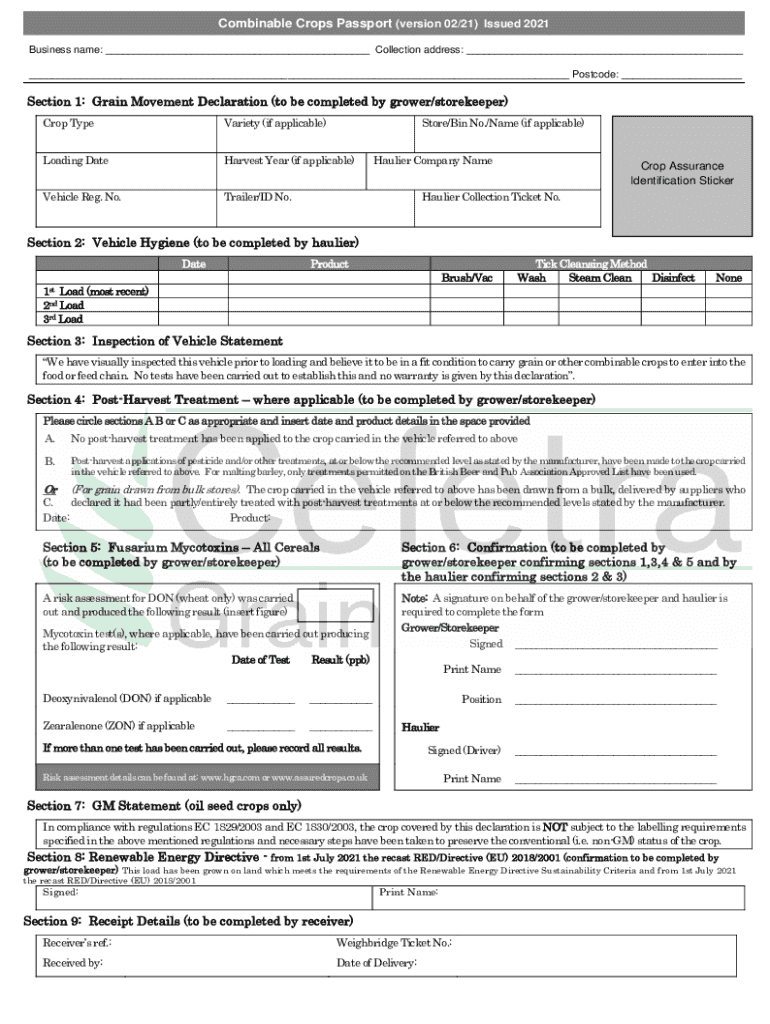 Fillable Online 2011 Form UK HCGA Combinable Crops Passport Fill ...