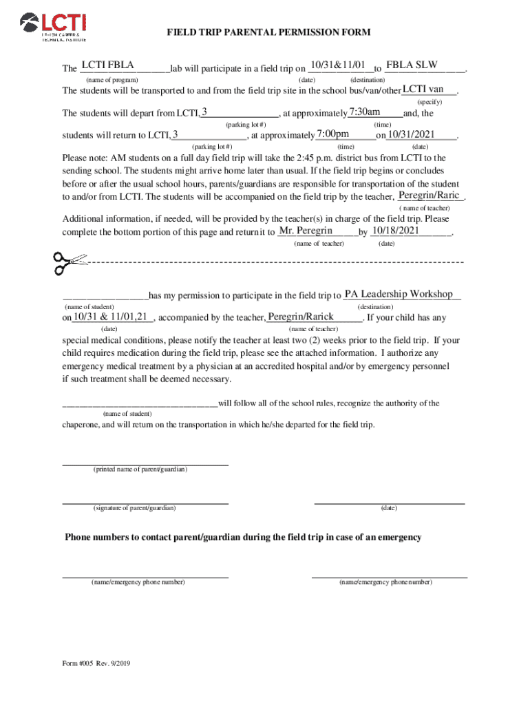 Fillable Online FIELD TRIP PARENTAL PERMISSION FORM The lab will ... Fax Email Print - pdfFiller