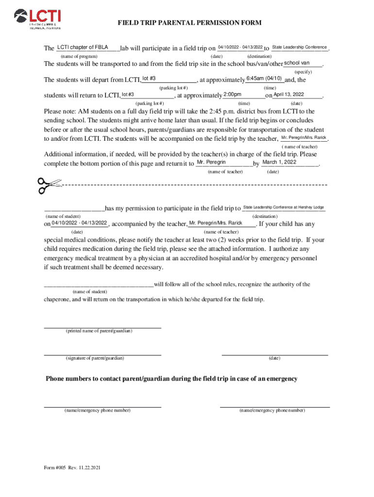 Fillable Online FIELD TRIP PARENTAL PERMISSION FORM ... Fax Email Print - pdfFiller