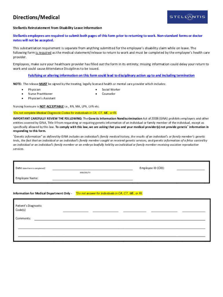 Fillable Online Stellantis Medical Reinstatement Form Fax Email Print ...