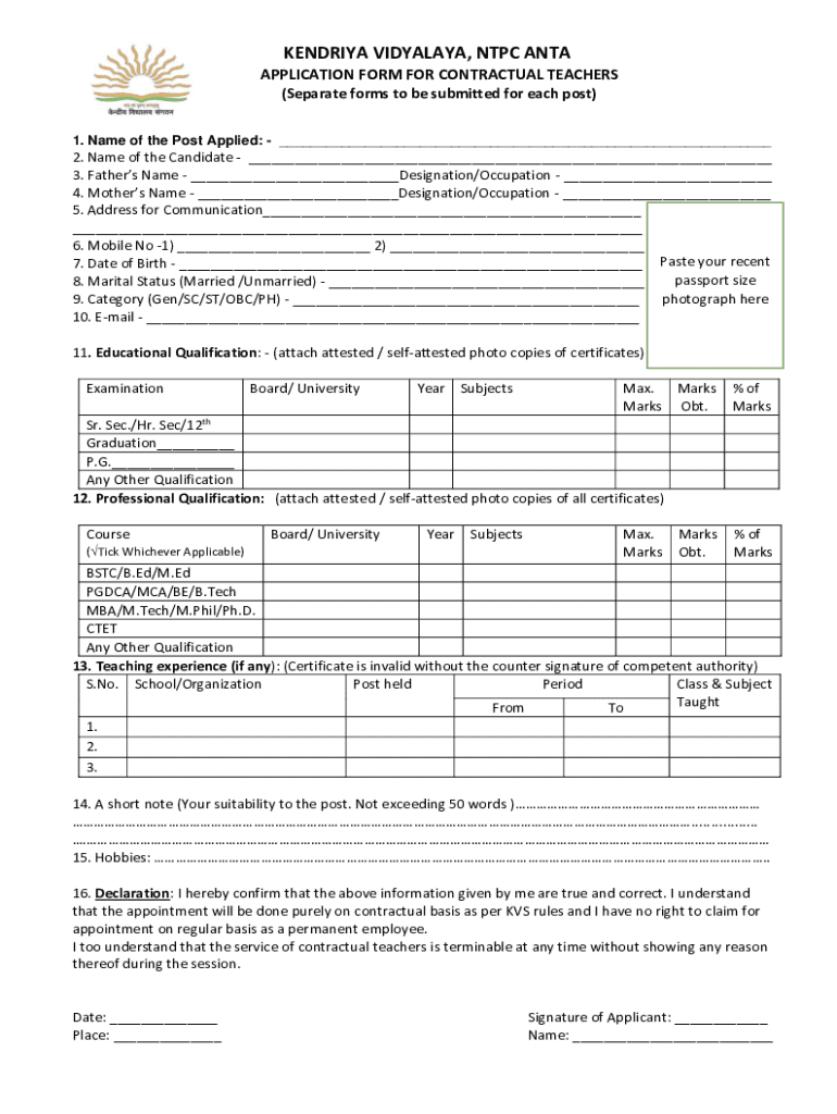 Fillable Online Kendriya Vidyalaya Sambalpur Cluster Application Form ...