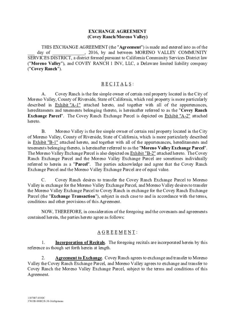 Fillable Online Execution Documents - Covey Ranch-Moreno Valley - Exchange Agreement - Grant ...