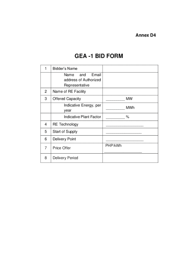 Fillable Online ANNEX D4: GEA-1 Bid Form Fax Email Print - pdfFiller
