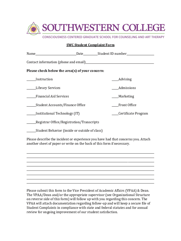 Fillable Online SWC Student Complaint Form Fax Email Print - pdfFiller