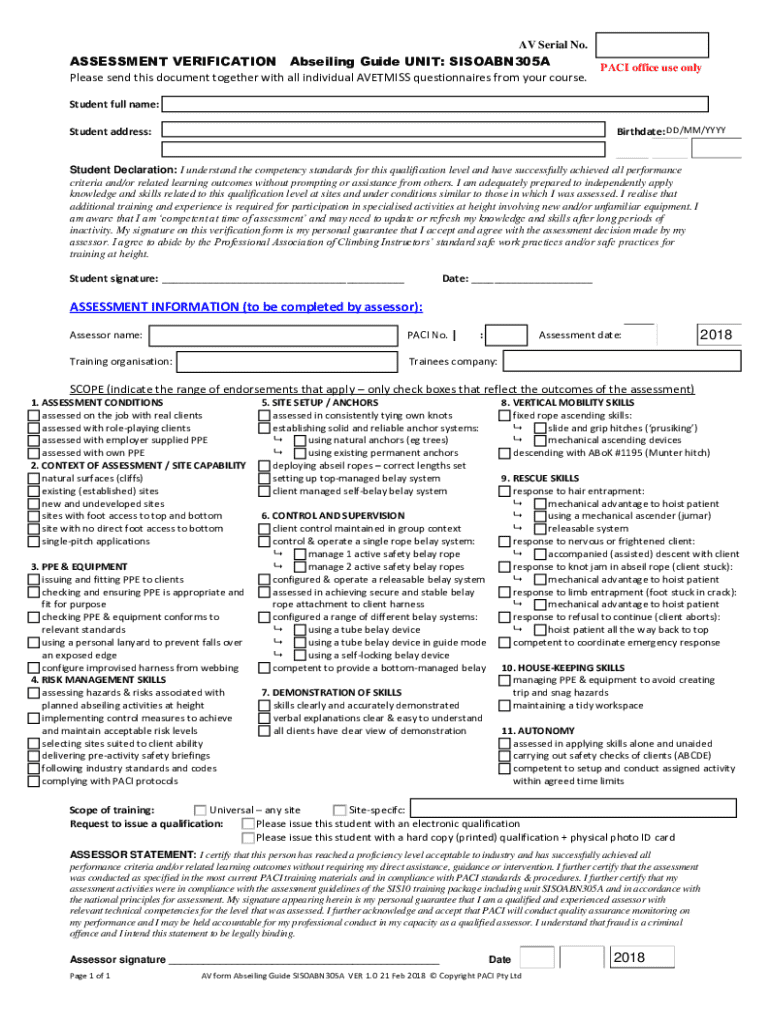 Fillable Online paci com ASSESSMENT VERIFICATION Top Rope UNIT Fax ...