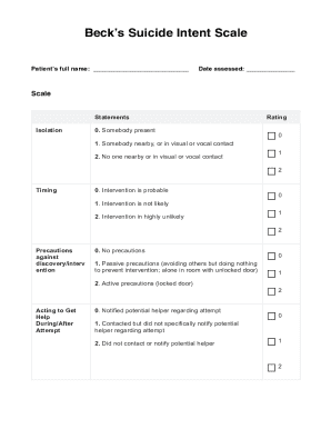 Fillable Online Suicide Risk Assessment Form: (Adapted From Becks ...