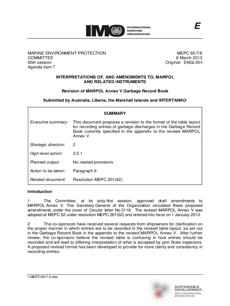 Revision of MARPOL Annex V Garbage Record Book MEPC 65/7/6 - pdfFiller