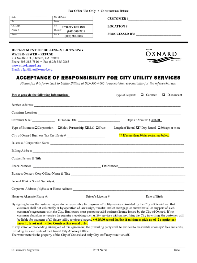 Acceptance of Responsibility for City Utility Services Utility Services ...