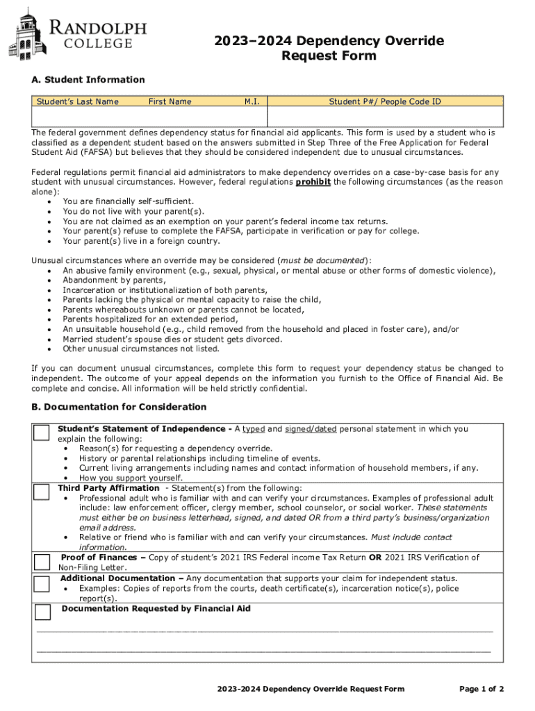 Fillable Online 20232024 Dependency Override Request Form Fax Email ...