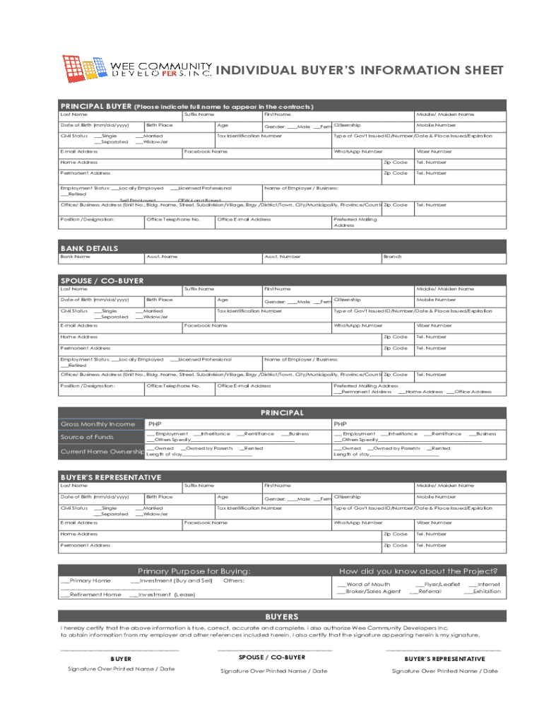 Fillable Online INDIVIDUAL BUYER'S INFORMATION SHEET Fax Email Print ...