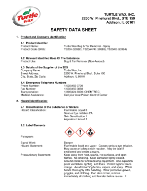 Safety Data Sheet TURTLE WAX Bug & Tar Remover - Spray - pdfFiller