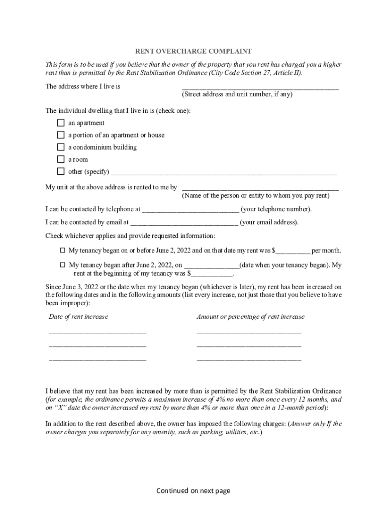 Rent Overcharge - Fill Online, Printable, Fillable, Blank | pdfFiller