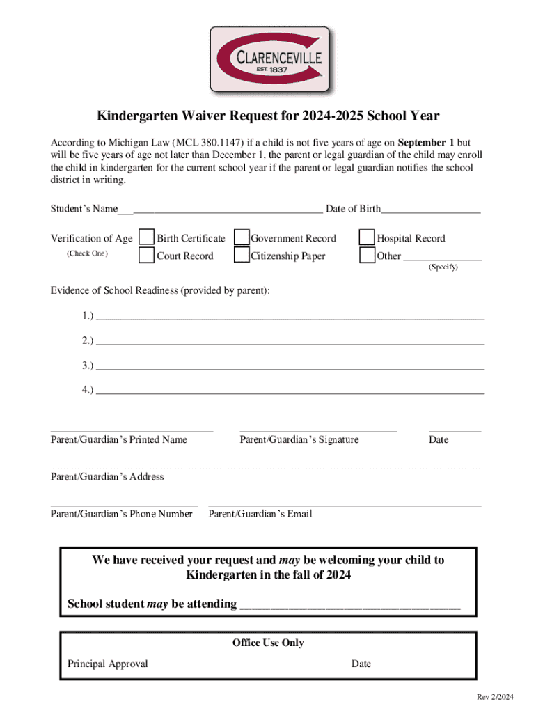Fillable Online Kindergarten Waiver Request for 20242025 School Year ...