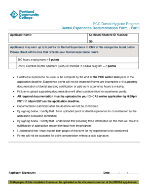 Fillable Online Dental Experience Documentation Form - Part I Fax Email ...