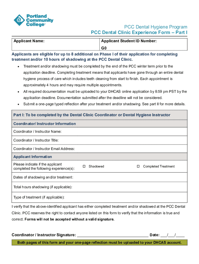 Fillable Online PCC Dental Clinic Experience FormPart I Fax Email Print ...