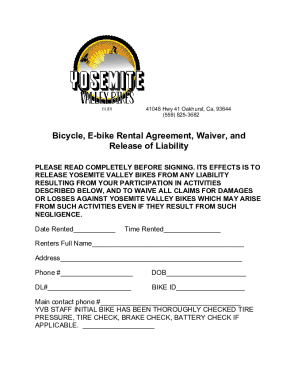 Fillable Online Bicycle, E-bike Rental Agreement, Waiver, and Release ...