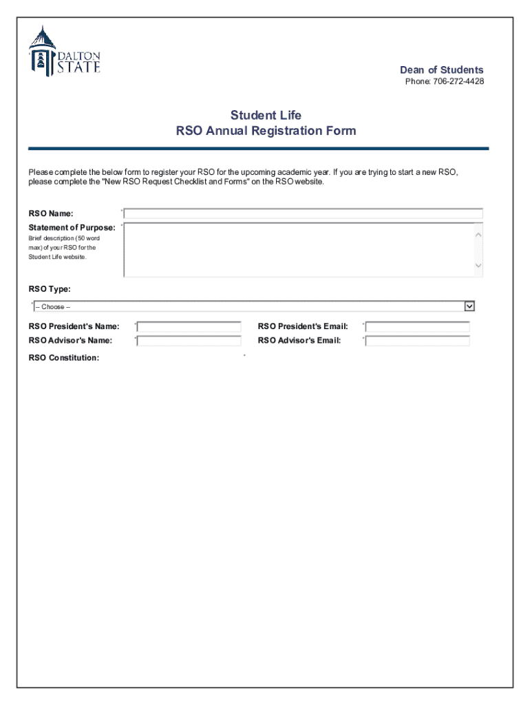 Fillable Online Student Life RSO Annual Registration Form Fax Email ...